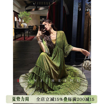 【呼呼专享】三吉黑花【孔雀】新中式烫金醋酸连衣裙子女夏季长裙
