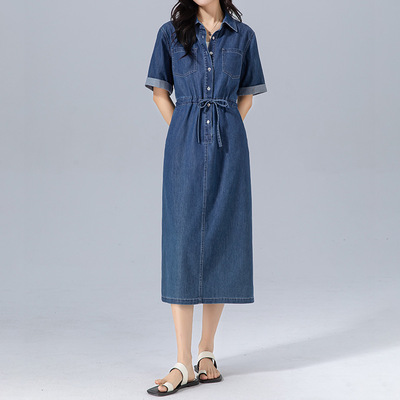 eworld夏季长款翻领牛仔连衣裙