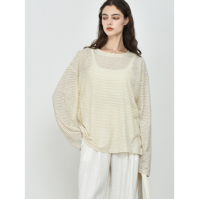 JWSZ 轻薄色织条纹宽松显瘦通勤懒人长袖T恤女