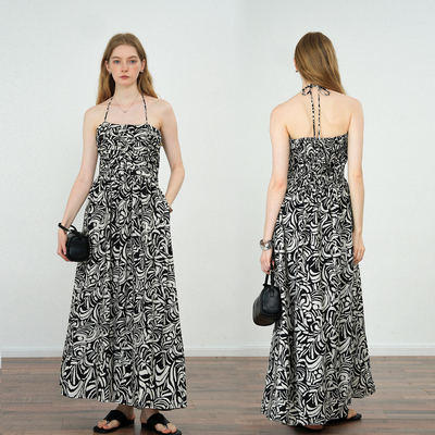 JWSZ 不规则艺术印花百褶裹胸挂脖吊带连衣裙