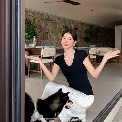 U+MINI-高级感温柔气质V领小飞袖设计显瘦百搭高弹力针织衫F6780