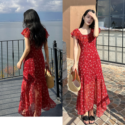 DIGM-拼蕾丝花边设计下摆不规则收腰显瘦连衣裙(多种穿法)DB67112