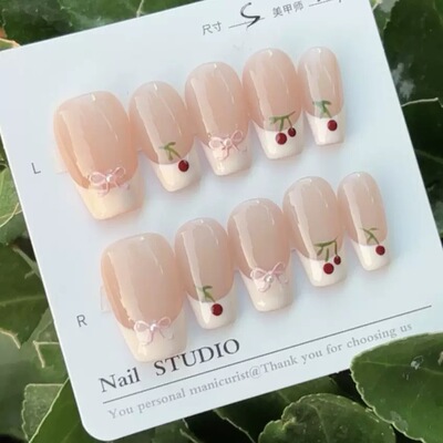 Cherry Bow French Tip Press On Nails