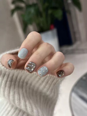 Blue Brown Star Glitter Short Press On Nails