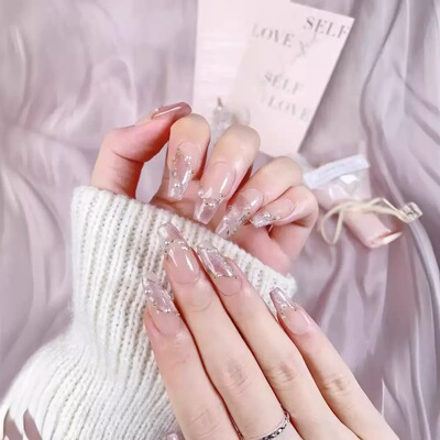 Pink Glitter Pearl Chain Long Coffin Press On Nails