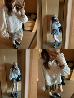 Komorebis 莫代尔棉凉感蕾丝拼接长袖短款花边衬衫