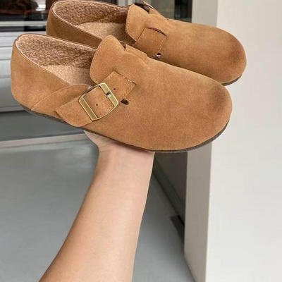 tombor通宝真皮圆头奶奶鞋牛皮博肯鞋平底乐福鞋复古加绒勃肯鞋女