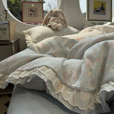 双层花边双层纱蓝色碎花四件套