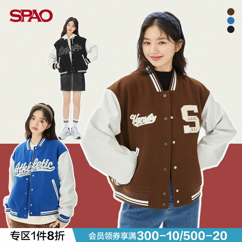 SPAO女士外套冬季美式复古加棉撞色拼接袖棒球服SPJAC49P51_虎窝淘