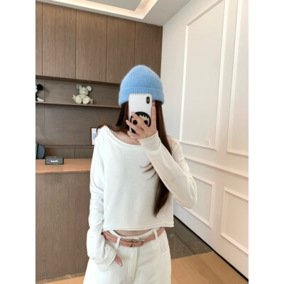 Viiwen 松弛入秋 软糯糯韩系卷边慵懒长袖短款T恤 百搭设计感上衣