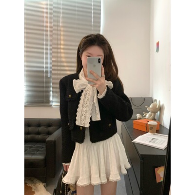 显瘦金扣正肩黑色韩系正肩小香风