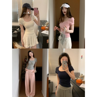 瘦正肩T恤实穿百搭收腰方领短袖