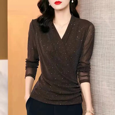 2025秋季新款薄款修身洋派网纱交叉V领上衣百搭显瘦内搭长袖T恤衫