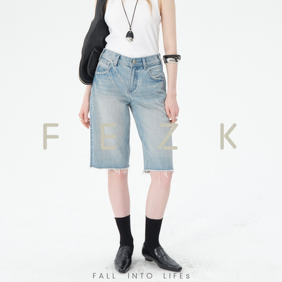 FEZK Explore•松弛感美学设计 复古做旧毛边高腰直筒五分裤FS059