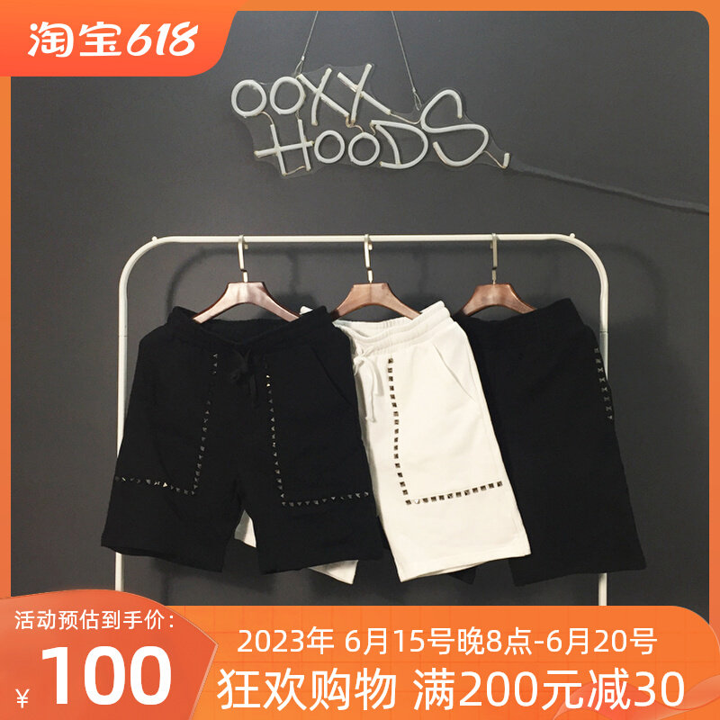 原创潮牌ooxx简约个性百搭金属铆钉装饰男女短裤口袋五分裤情侣裤_虎窝淘