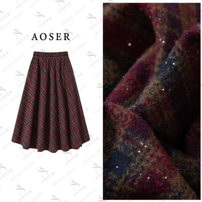 AOSER气质百搭时尚显瘦松紧带中长裙A字秋冬格子半身裙女装8660