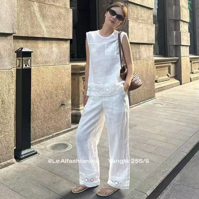 100%亚麻刺绣无袖背心套装