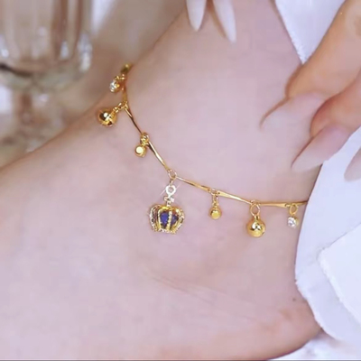 气质皇冠吊坠铃铛锆石脚链女春夏时尚个性脚链小众设计感精致足链