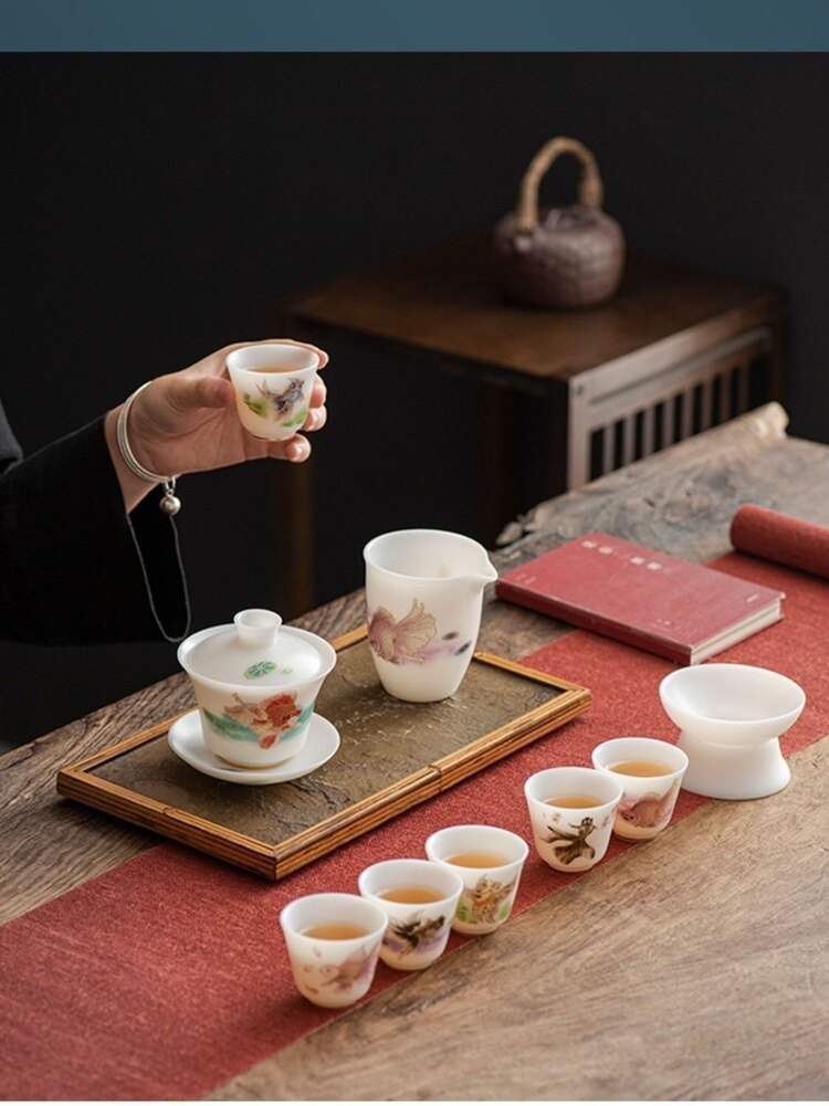 郭志保锦鲤羊脂玉茶具套装冰种功夫盖碗白瓷茶具全套轻奢高档礼盒