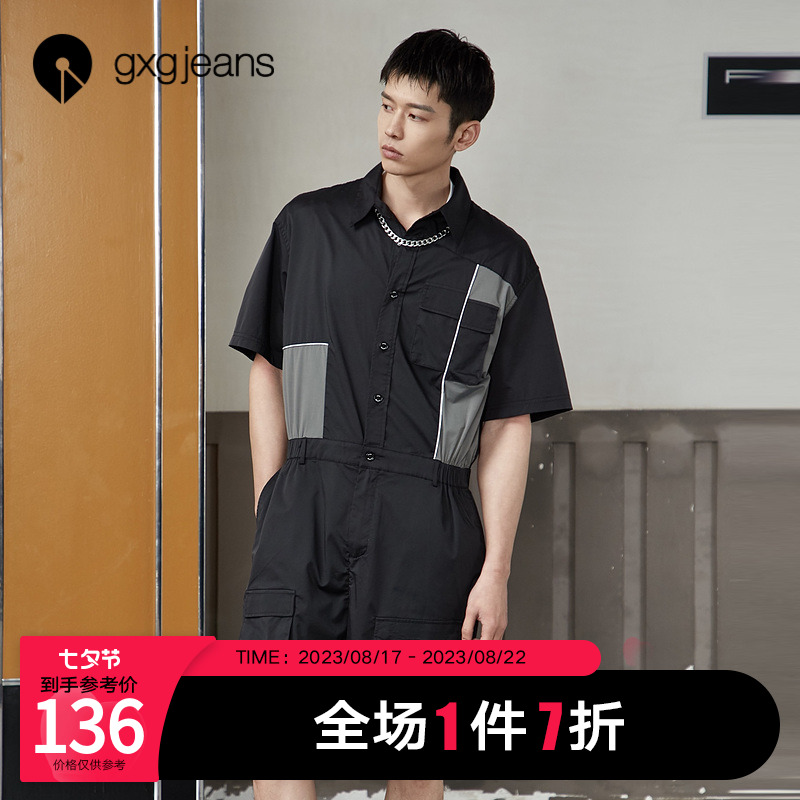 gxgjeans男装2021夏季新款连体短裤机车风连体裤翻领时尚潮流_虎窝淘