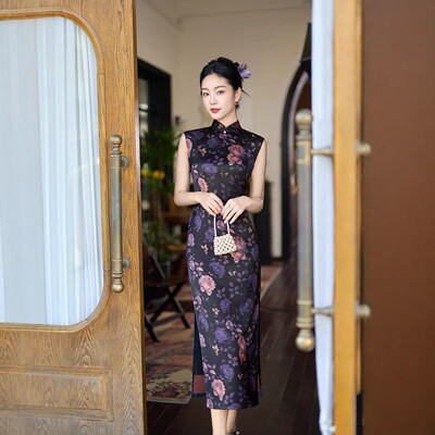 紫色高贵优雅无袖连衣裙旗袍送考