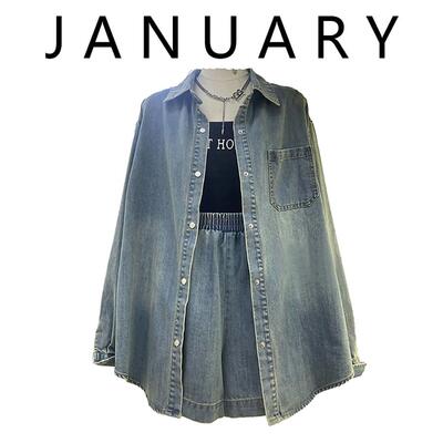 JANUARY一月~美式复古风显瘦长袖牛仔衬衫+松紧短裤两件套套装女