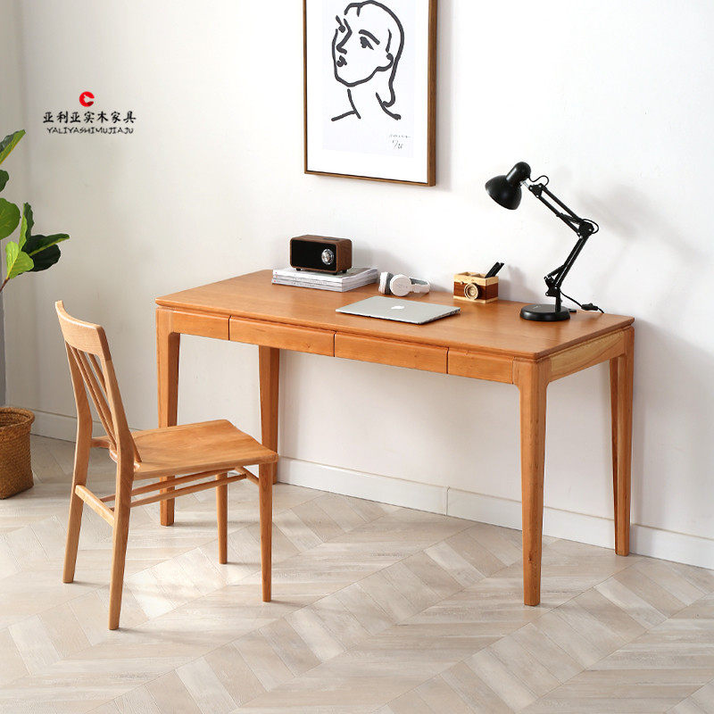樱桃木书桌北欧实木办公日式写字桌双人电脑桌写字台木蜡油涂装_虎窝淘