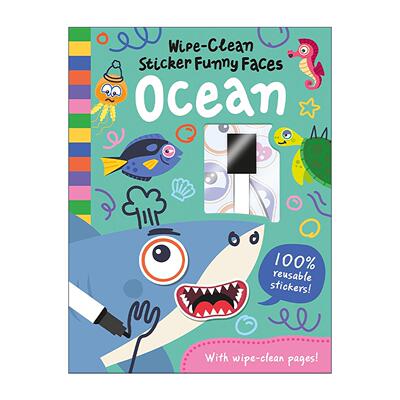 英文原版 Wipe-Clean Sticker Funny Faces Ocean 海洋萌趣变脸书 可擦写贴纸创意精装活动书 训练精细动作与手眼协调 英文版