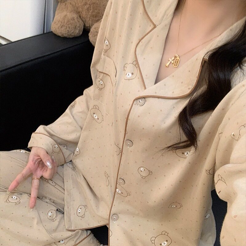 可爱小熊纯棉睡衣女春秋开衫长袖长裤高级感舒适可外穿家居服套装