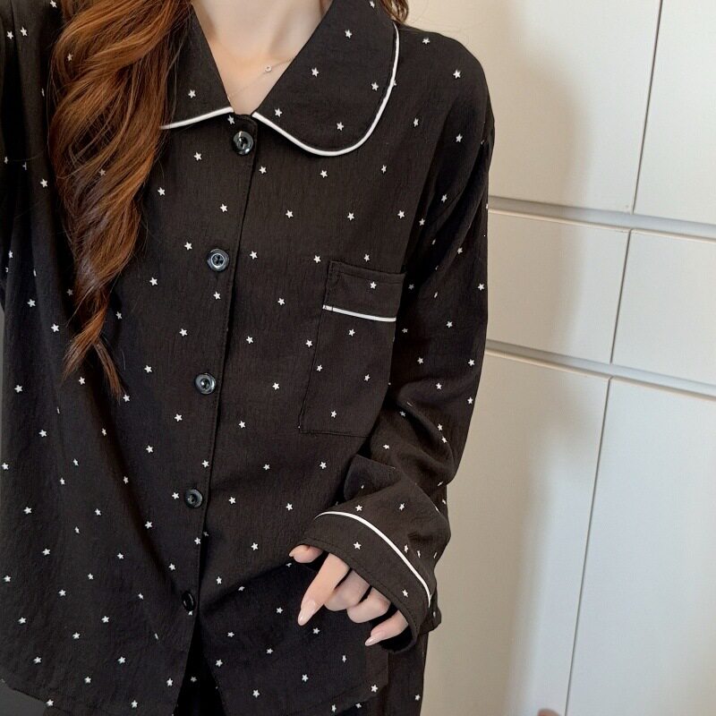 高级感星星云朵棉睡衣女春秋娃娃领开衫长袖长裤卡通家居服套装