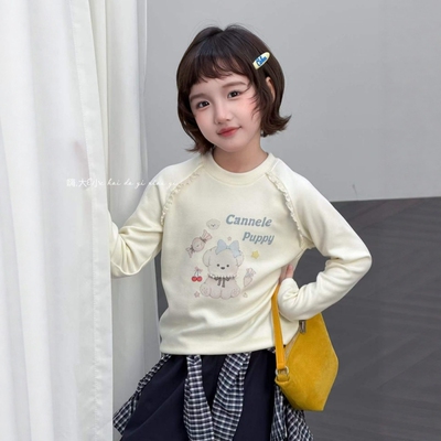 大E小e儿童短T2026秋款女童洋气珍珠上衣花边可爱卡通打底衫3866