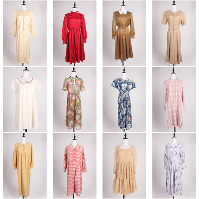 LK156古着vintage日系中古法式复古风春夏花色中长款连衣裙女