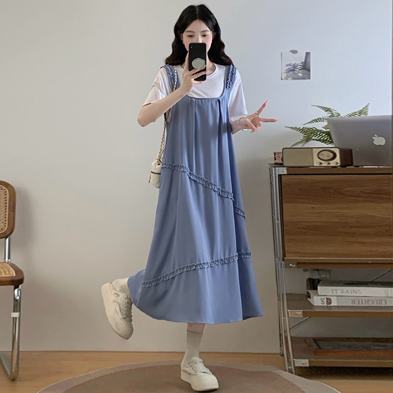 胖mm大码a版背带裙女花边设计感减龄夏季两件套短袖t恤+连衣裙子