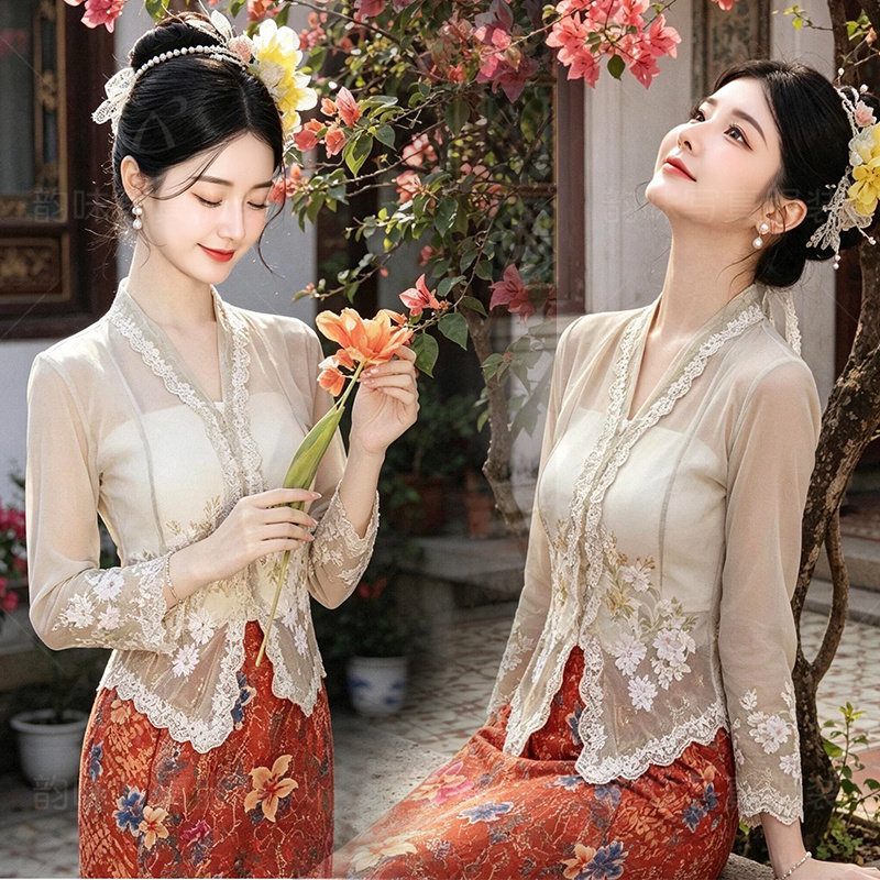 新款小娘簪花旅拍服女傣族西双版纳少数民族刺绣服装清新摄影写真