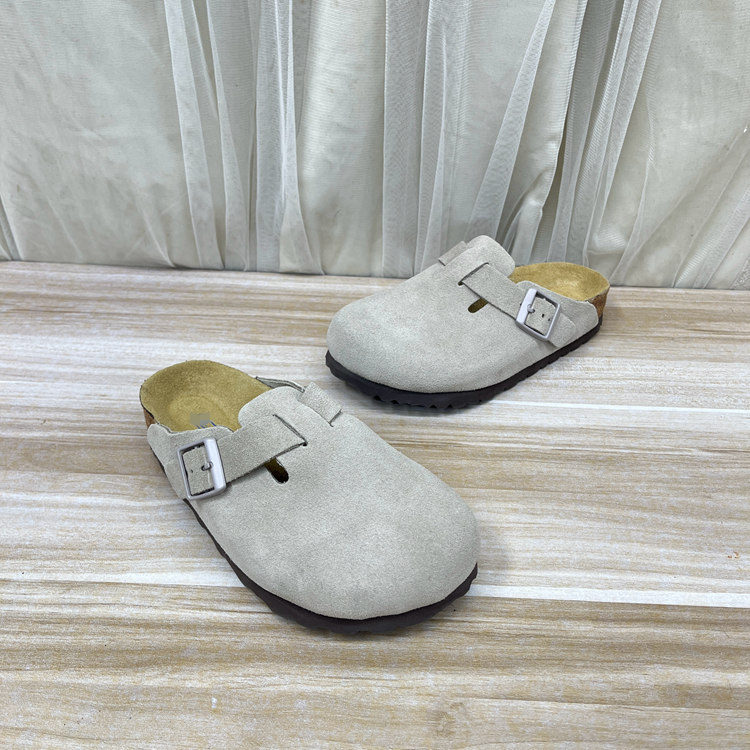 Lady Shoes外贸出口女鞋里外全真皮新款圆头皮带扣包头博肯拖鞋