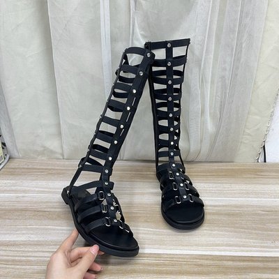 圆头镂空平底高筒罗马凉鞋凉靴