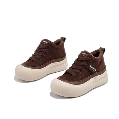 复古风平底小圆头高帮鞋加绒