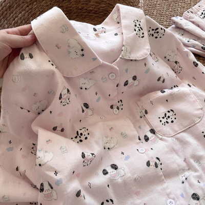 侘町2025新款粉糯米狗狗短袖长裤套装纯棉双层纱可爱卡通居家宽松