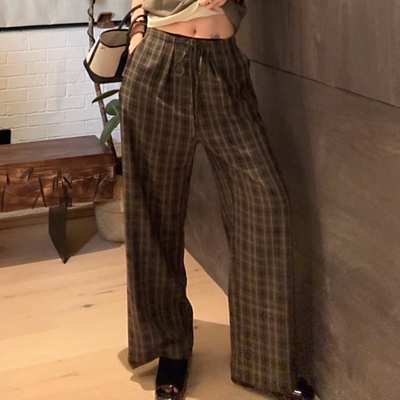 LUNA“45R 松弛密码”美式复古格子宽松橡筋腰慵懒长裤
