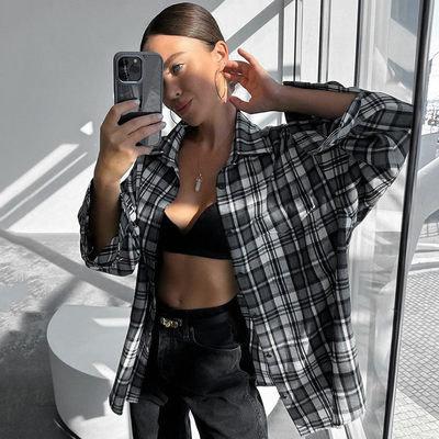 欧美时尚宽松格纹长袖衬