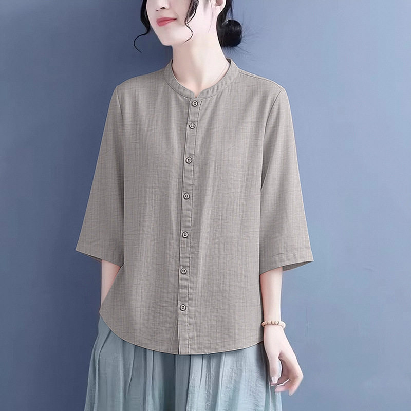 棉麻短袖衬衫女士新款中年妈妈夏装衬衣洋气T恤小衫纯色宽松上衣