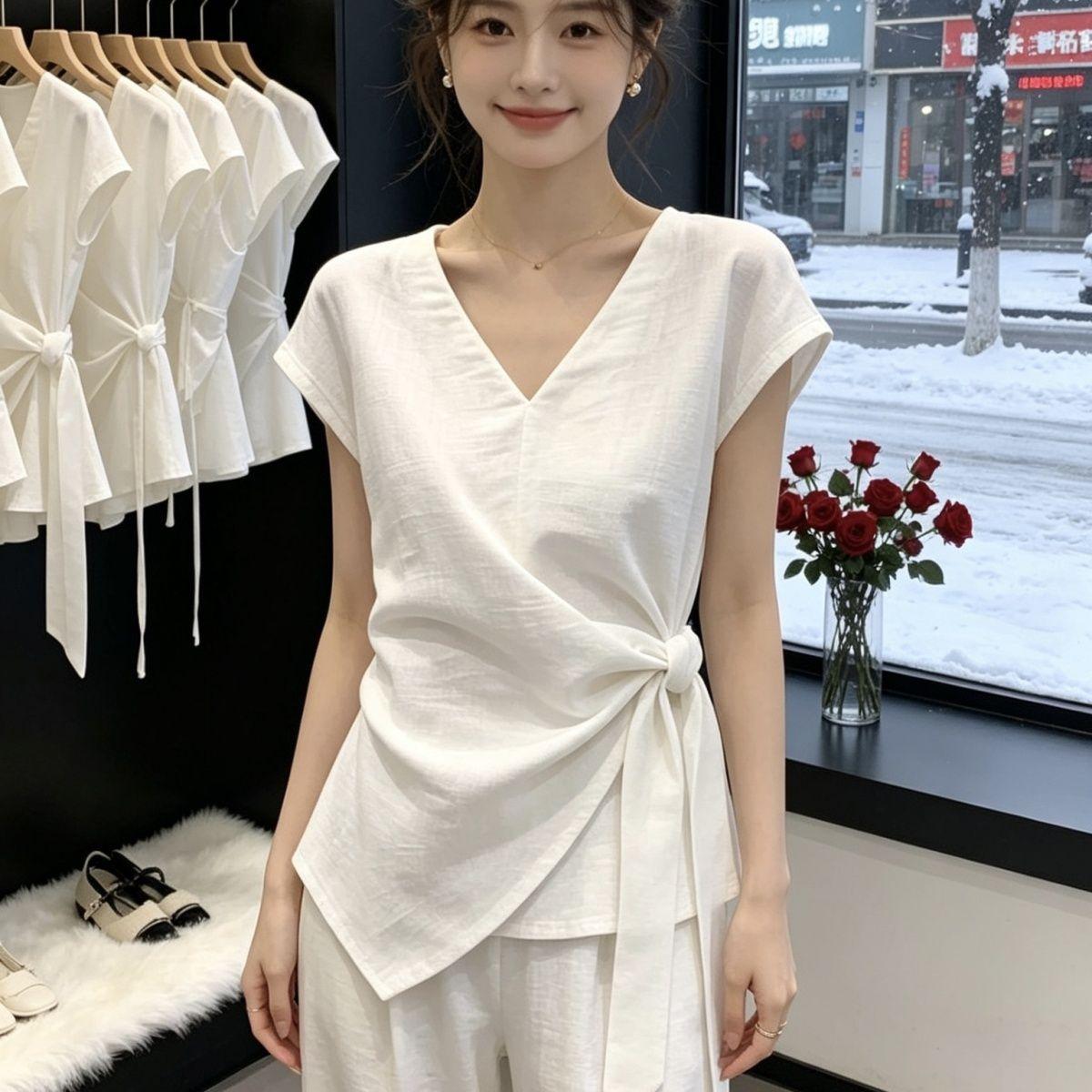韩系极简风不规则绑法V领衬衫女2026年夏季新款时髦洋气减龄衬衣