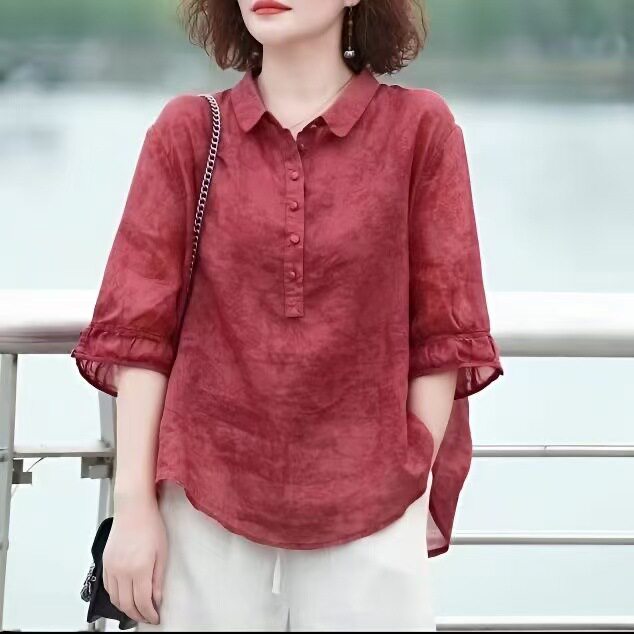 高档女装新款提花翻领衬衫洋气复古女士中袖衬衣显瘦遮肉薄款小衫