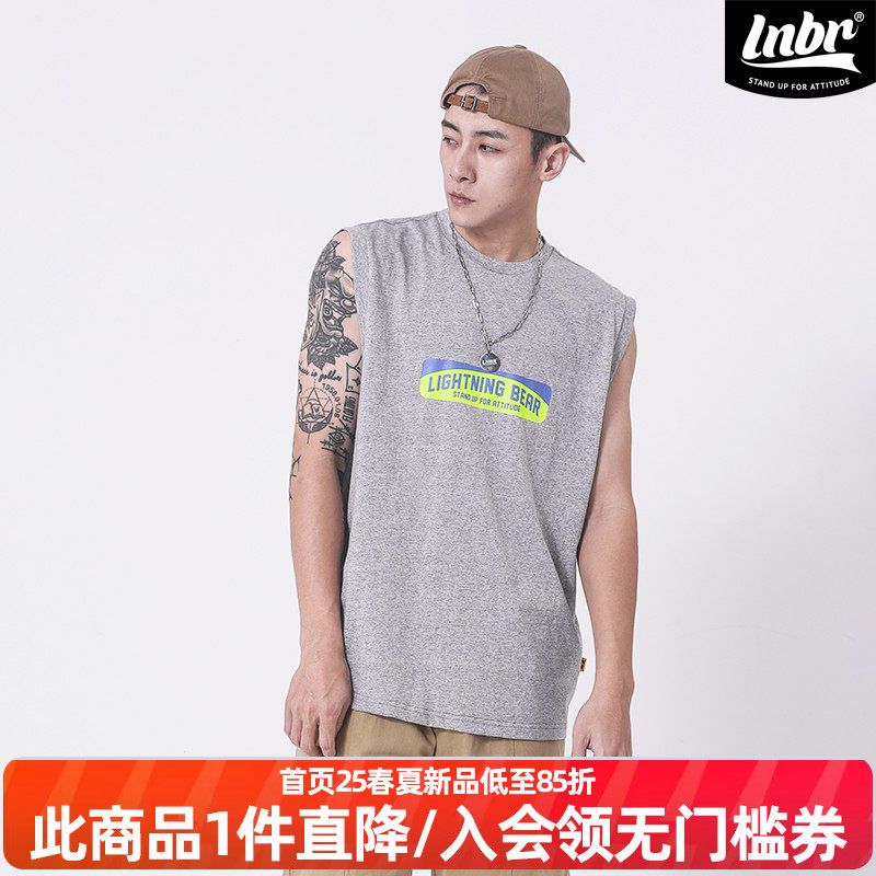 LNBR熊电2021夏季字母LOGO灰色无袖背心学生运动短袖坎肩纯棉大码