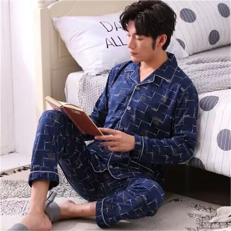 春秋男士睡衣长袖薄款100%纯棉夏季青少年家居服套装大码可外出