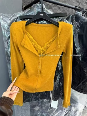 磨毛绒假两件拼接蕾丝边上衣女