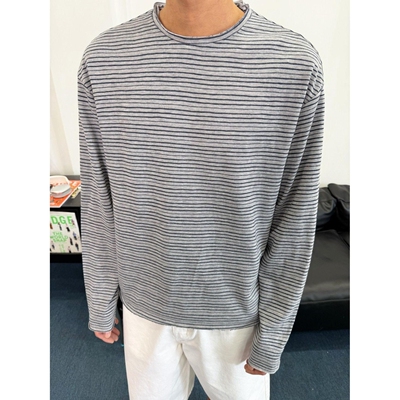 W904高质量秋季休闲条纹长袖P29灰色M到3XL成分棉65聚酯纤维35