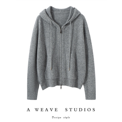 秋冬新款100%纯山羊绒连帽开衫女花纱拉链时尚针织外套休闲百搭潮