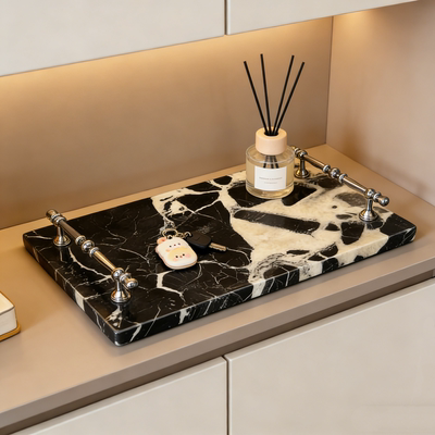 天然大理石高级感桌面双层玄关摆件置物架香薰托盘首饰香水收纳盘