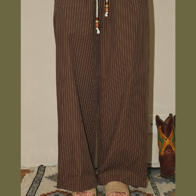 777男女同款复古宽松棕咖色条纹纯棉直筒夏季长裤显腿长手工串珠